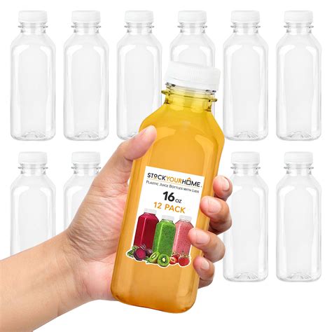 16oz Reusable Plastic Juice Bottles With Caps Clear Drink Containers