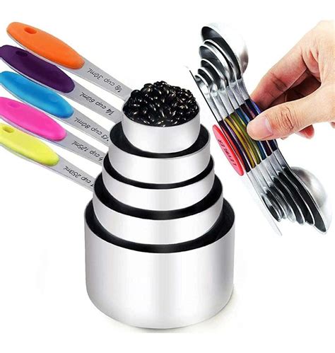 Tiluck 계량 컵 및 자석 계량 스푼 세트 스테인리스 스틸 계량 컵 양면 스테인리스 스틸 계량 스푼 티몬