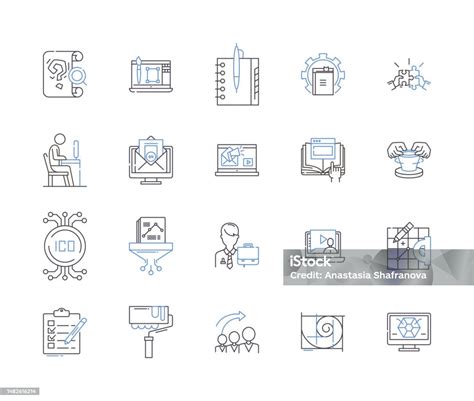 워크샵 및 회의 개요 아이콘 모음입니다 워크샵 회의 훈련 개발 학습 교육 기술 벡터 및 일러스트레이션 개념 세트 지식 네트워킹 협업 선형 표지판 가입서에 대한 스톡 벡터
