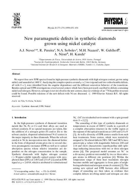 Pdf New Paramagnetic Defects In Synthetic Diamonds Grown Using Nickel Catalyst