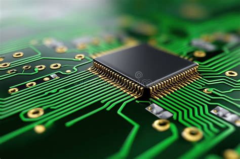 Electronic Microchip On Green Circuit Board Digital Technology And Hardware Engineering Stock