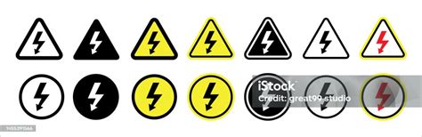 고전압 아이콘 세트입니다 삼각형과 원 모양의 고전압 기호 감전 위험 라벨 벡터 스톡 그림입니다 고압 전류 주의에 대한 스톡 벡터 아트 및 기타 이미지 Istock