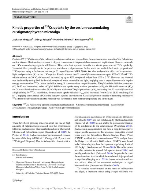 Kinetic Properties Of Cs Uptake By The Cesium Accumulating Eustigmatophycean Microalga