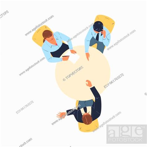 Teamwork With Office Worker Brainstorming At Round Table Discussing Project Above View Vector
