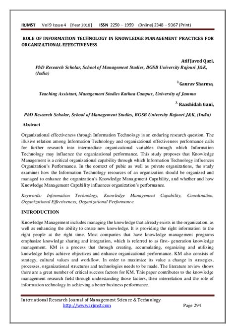Pdf Role Of Information Technology In Knowledge Management Practices