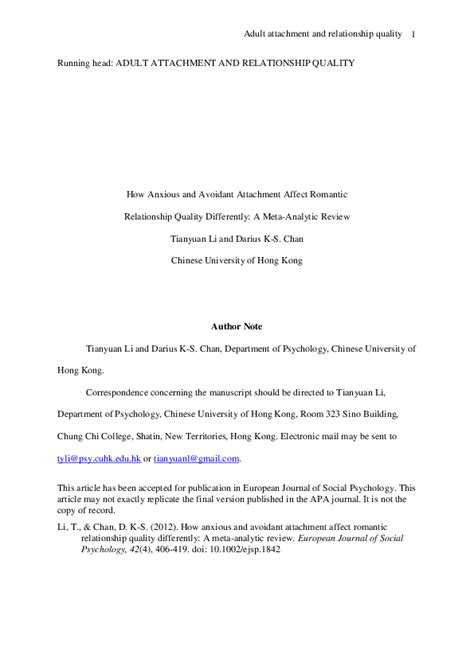 Pdf How Anxious And Avoidant Attachment Affect Romantic Relationship Quality Differently A