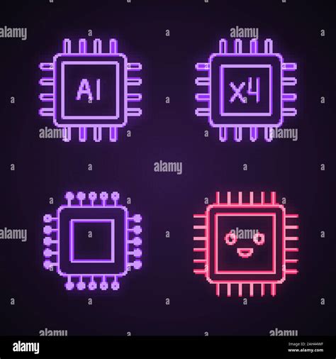 Processors Neon Light Icons Set Chip Integrated Circuit For Ai System Smiling Microprocessor