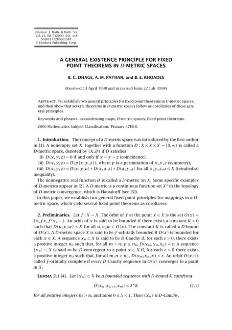 PDF A General Existence Principle For Fixed Point Theorems In D Metric Spaces