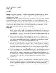 Lab 10 Archimedes Principle 1 Docx Lab 10 Archimedes Principle PHYS 2108 Section 25 11 7