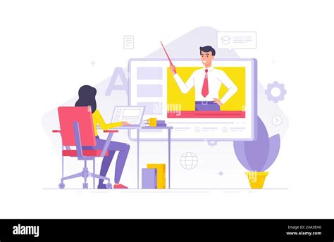 Cartoon Characters Female Having Online Class With Male Teacher Vector
