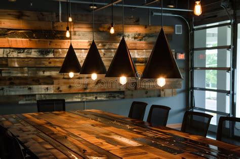 Series Of Pendant Lights Illuminating A Reclaimed Wood Conference Table