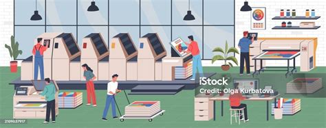 인쇄소 직원 생산 과정 인쇄 제품 복사 센터 타이포그래피 기계 및 장비 스캐너 및 복사기 만화 평면 스타일 고립 Nowaday 벡터 개념 개념에 대한 스톡 벡터 아트 및