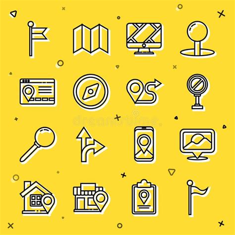 Set Line Location Marker Stop Sign Monitor With Location Compass Infographic Of City Map