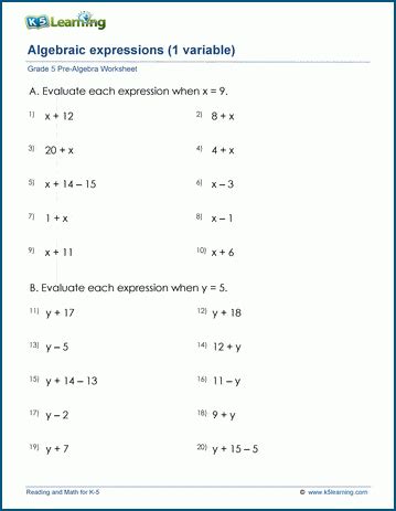 Variables And Algebraic Expressions Worksheet Algebraic Expressions