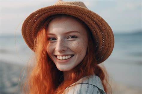 Premium Photo Stylish And Joyful Attractive Ginger Girl With Freckles