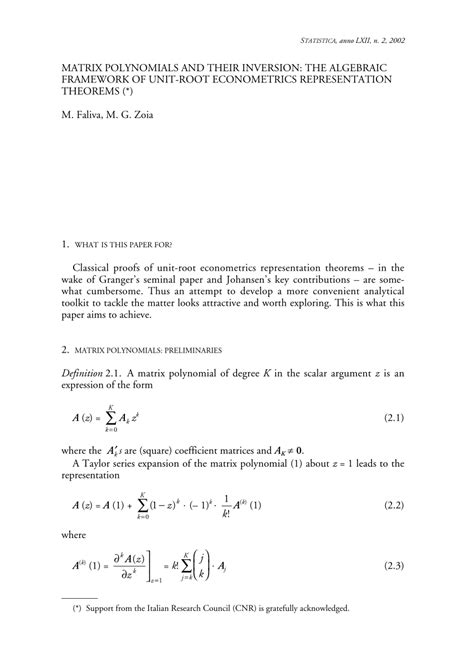 Pdf Matrix Polynomials And Their Inversion The Algebric Framework Of Unit Root Econometrics