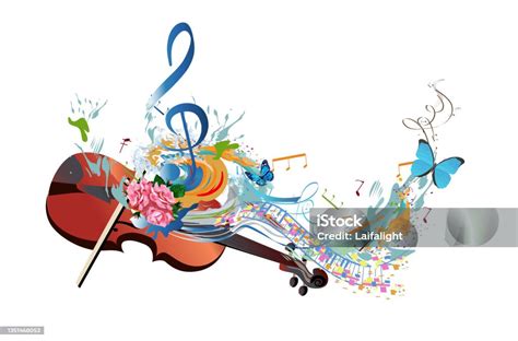 바이올린과 화려한 스플래시 노트와 파도와 추상적 인 음악 디자인 수채화에 대한 스톡 벡터 아트 및 기타 이미지 수채화 바이올린 피아노 Istock