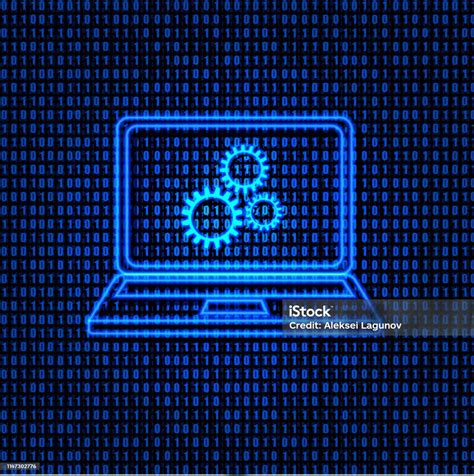 벡터는 매트릭스 데이터 프로그래밍 코드 배경 화면에 기어 네온 블루 노트북 기계 부분에 대한 스톡 벡터 아트 및 기타 이미지