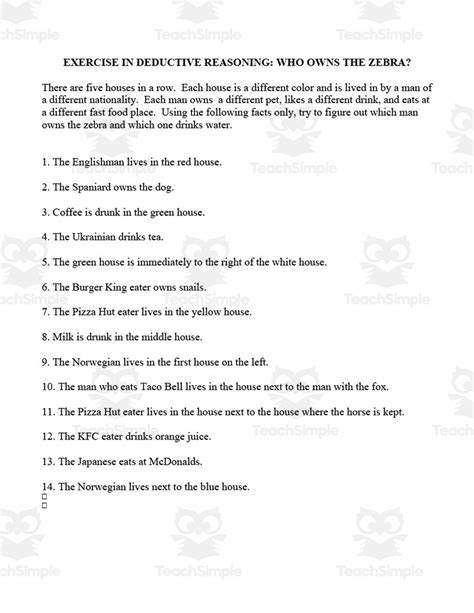 Who Owns The Zebra Deductive Reasoning Exercise By Teach Simple