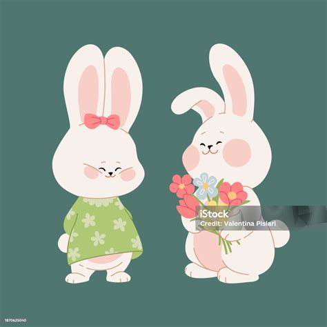 귀여운 소년 토끼가 소녀 토끼에게 꽃을 줍니다 토끼 한 쌍의 만화 캐릭터 발렌타인 데이 또는 생일 카드 스티커 배너 또는 패키지 디자인을 위한 귀여운 토끼 벡터 일러스트