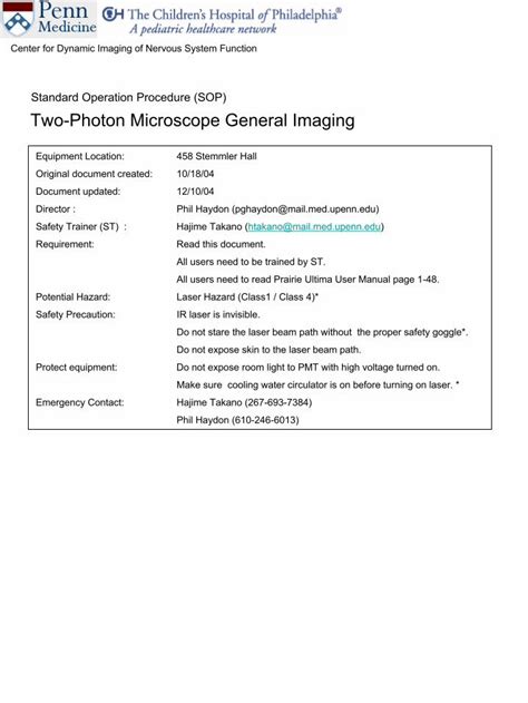 PDF Standard Operation Procedure SOP Two Photon Microscope