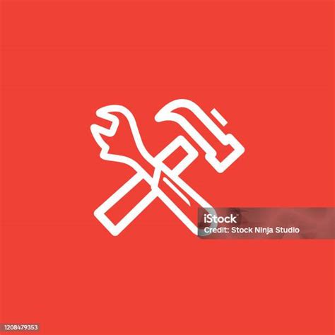 흰색 배경에 망치와 렌치 라인 빨간색 아이콘입니다 빨간 평평한 스타일 벡터 일러스트 고정 기어에 대한 스톡 벡터 아트 및 기타 이미지 고정 기어 공구상자 공학