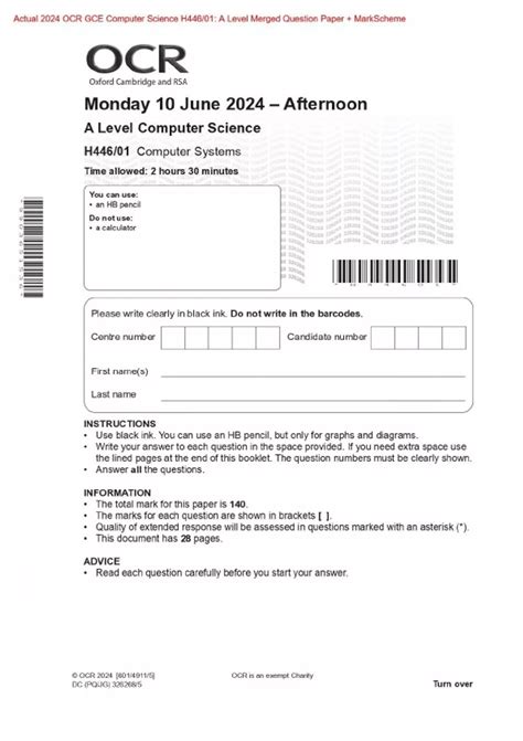 Actual OCR GCE Computer Science H Computer Systems A Level MergedQuestion Paper