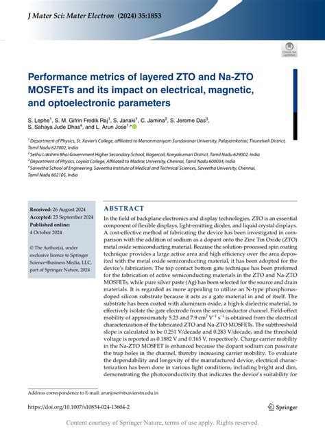 Performance Metrics Of Layered Zto And Na Zto Mosfets And Its Impact On Electrical Magnetic