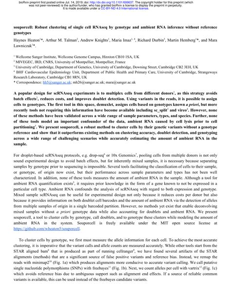 Pdf Souporcell Robust Clustering Of Single Cell Rnaseq By Genotype