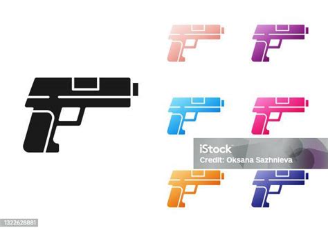흰색 배경에 고립 된 검은 권총 이나 총 아이콘 경찰 또는 군용 권총 작은 총기 다채로운 아이콘을 설정합니다 벡터 개념에 대한 스톡 벡터 아트 및 기타 이미지 Istock