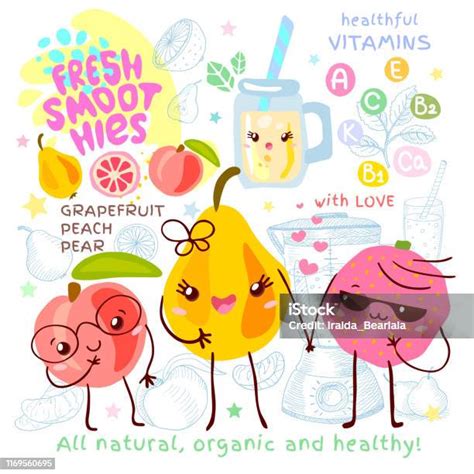 신선한 스무디 레시피 귀여운 가와이이 캐릭터 과일 성분 유리 항아리 비타민 재미 있는 스타일 복숭아 자몽 배 스무디 녹색 잎