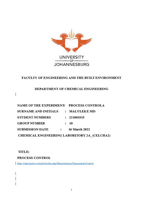 Process Control FACULTY OF ENGINEERING AND THE BUILT ENVIRONMENT DEPARTMENT OF CHEMICAL Studocu