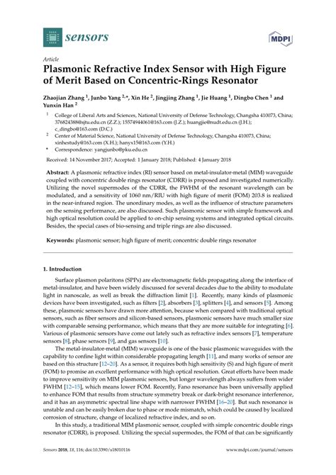 Pdf Plasmonic Refractive Index Sensor With High Figure Of Merit Based