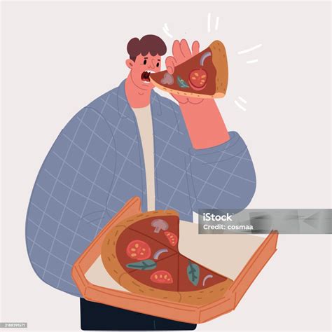 상자에서 피자를 먹는 행복 한 배고픈 남자의 벡터 일러스트 레이 션 건강에 좋지 않은 음식에 대한 스톡 벡터 아트 및 기타 이미지 건강에 좋지 않은 음식 건강하지 못한