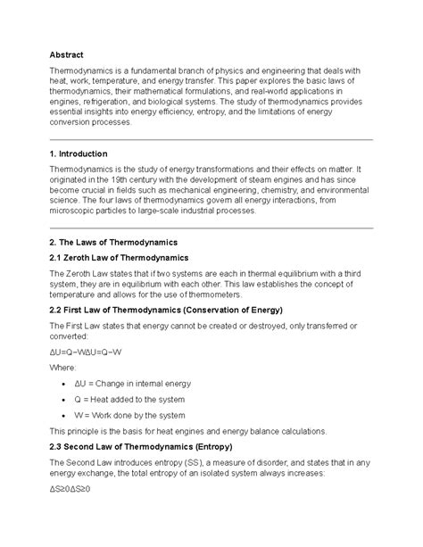 Thermodynamics Basis Summary Physical Science Abstract