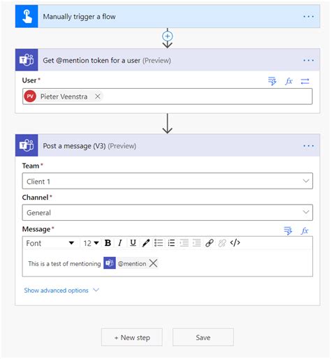 how to mention someone in microsoft teams using power automate
