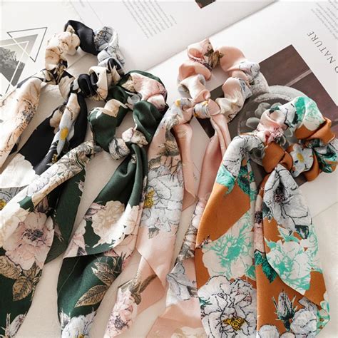 패션 플라워 프린트 헤어 스카프 보우 스 크런치 포니 테일 머리띠 여성용 헤어 액세서리 나비 매듭 탄성 헤어 로프 헤어밴드