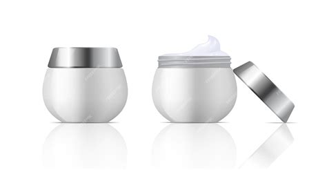 화장품 크림 용기 3d 실제 스킨 케어 제품 보습 로션을 위한 뚜껑이 있는 빈 튜브 광택 표면에 열리고 닫힌 항아리 브랜드 아이덴티티 모형 벡터 세트 프리미엄 벡터