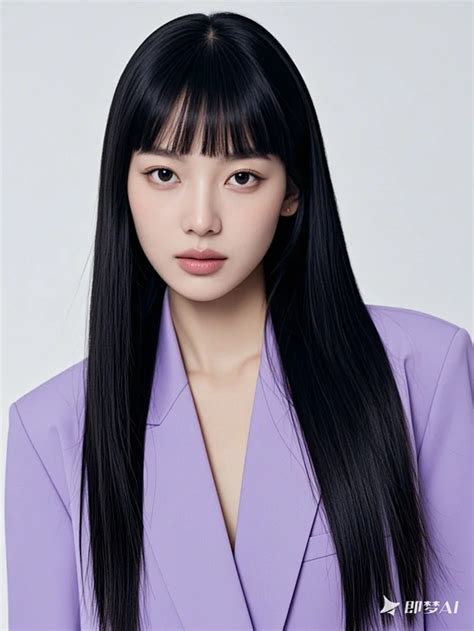 医美模特 女性 法式刘海 黑色披肩发 紫色西装外套 白色背景 32k 柔和的灯光 高分辨率照片 高清晰 高对比 极简主义 正脸 完整半身照