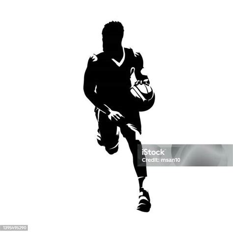 공을 가지고 달리는 농구 선수 드리블 격리 벡터 실루엣 잉크 그리기 정면보기 농구 포인트 가드 만화 스타일 일러스트 농구 선수에 대한 스톡 벡터 아트 및 기타 이미지