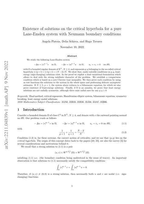 Pdf Existence Of Solutions On The Critical Hyperbola For A Pure Lane Emden System With Neumann
