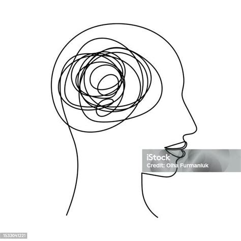 혼란스러운 생각으로 머리 하나의 라인 아트 손으로 그린 연속 윤곽 정신 건강 개념 혼란스러운 감정 걱정과 불안 온라인 뇌 치료