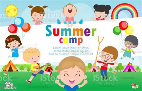 어린이 여름 캠프 교육 광고 브로셔 캠핑 포스터 전단지 템플릿 텍스트 벡터 일러스트레이션에서 활동을하는 어린이용 템플릿 여름 캠프에 대한 스톡 벡터 아트 및 기타 이미지