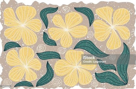 손으로 그린 질감 있는 꽃 세트 트렌디 한 식물 컬렉션 현대적인 순진한 그루비 펑키 장식 추상적인 현대 벡터 그림 1970 1979 년에 대한 스톡 벡터 아트 및 기타