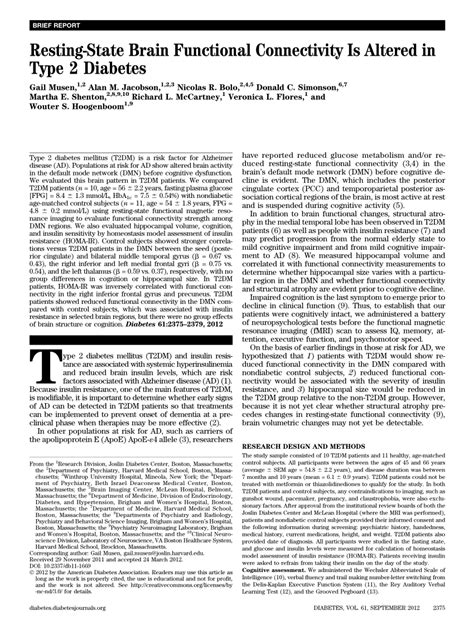 Pdf Resting State Brain Functional Connectivity Is Altered In Type 2 Diabetes