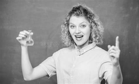 Girl Hold Chemical Flask With Liquid Chemistry Research Results Scientist At Babe Lab