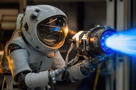 astronaut conducting propulsion test with thruster in a space
