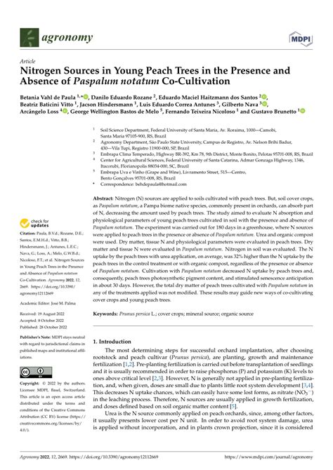 Pdf Nitrogen Sources In Young Peach Trees In The Presence And Absence Of Paspalum Notatum Co