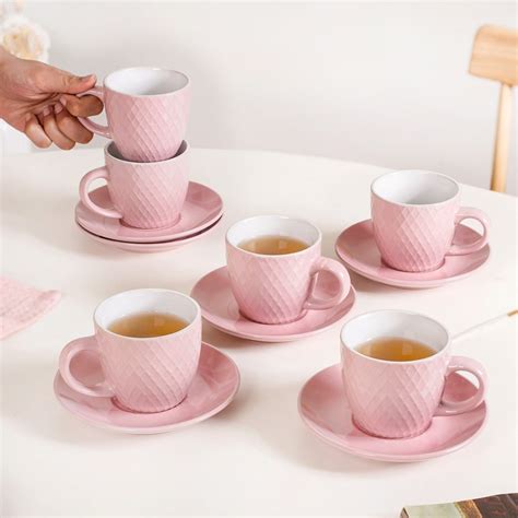 Set Of 6 Pink Tara Ceramic Tea Cup And Saucer 225ml Online Premium Tea Cup Nestasia
