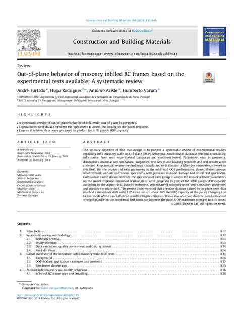 Pdf Out Of Plane Behavior Of Masonry Infilled Rc Frames Based On The Experimental Tests